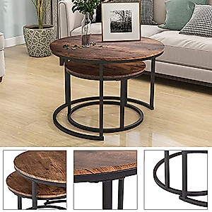 HOJINLINERO Industrial Round Coffee Table Set of 2 End Table for Living Room,Stacking Side Tables, Sturdy and Easy Assembly,Wood Look Accent Furniture with Metal Frame,Black+Rustic Brown