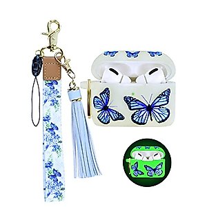 AirPod Pro Case with Keychain Wristlet, OULRAEFS Soft Silicone Skin Case Cute AirPods Pro Case Protective Case Cover with Wrist Key Lanyard for Airpods Pro 2019, Gifts for Women, Butterfly(Luminous)