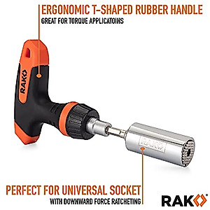 RAK Universal Socket Tool - Birthday Gifts for Men - Set of 15 with 1/4-to-3/4-inch Wrench Grip, T-Handle Ratchet Driver and 10 Screwdriver Bits - Father's Day Gift for men, Husband, Handyman