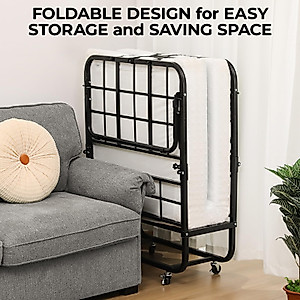 MAMIZO Folding Bed with Mattress for Adults - 75" x 31" - Cot Size, Portable Rollaway Bed with Luxurious 4 Inch Thick Memory Foam Mattress and Dust Proof Cover, Easy Storage Foldable Bed