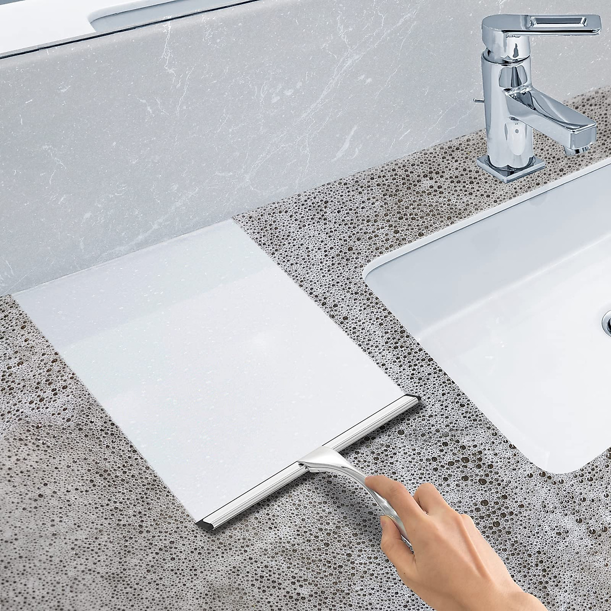 All-Purpose Stainless Steel Shower Squeegee for Shower Doors with 2 Adhesive Hooks, Bathroom Cleaner Tool Household Window Mirror Squeegee for Home Cleaning, Glass Door, Tile Wall, Car, 12 Inch Silver