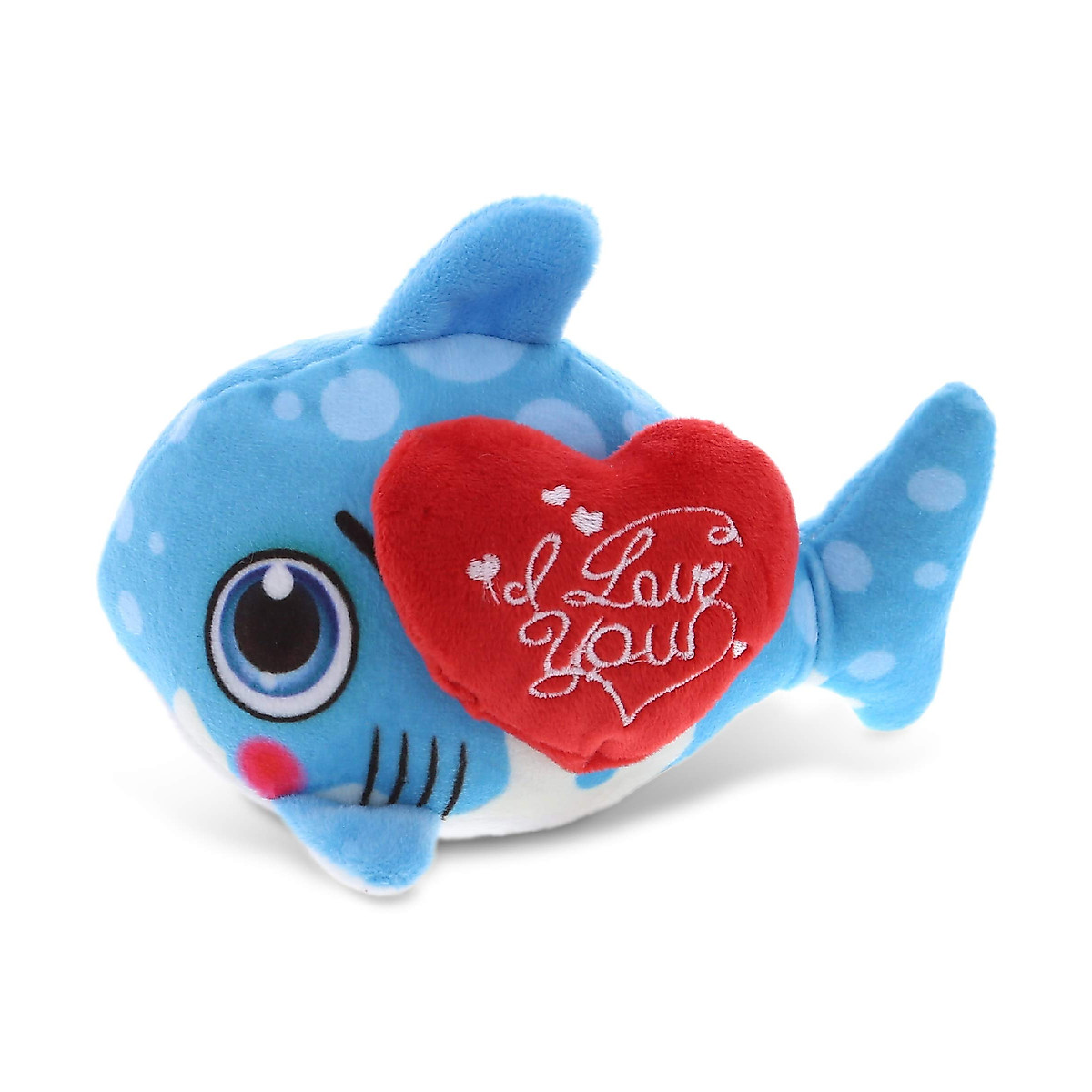 DolliBu I Love You Valentine Plush Blue Shark - Cute Shark Stuffed Animal with I Love You Plush Red Heart and Name Personalization Shark Gift for Valentines Day, Birthday, Romantic Date, 5.5 Inches