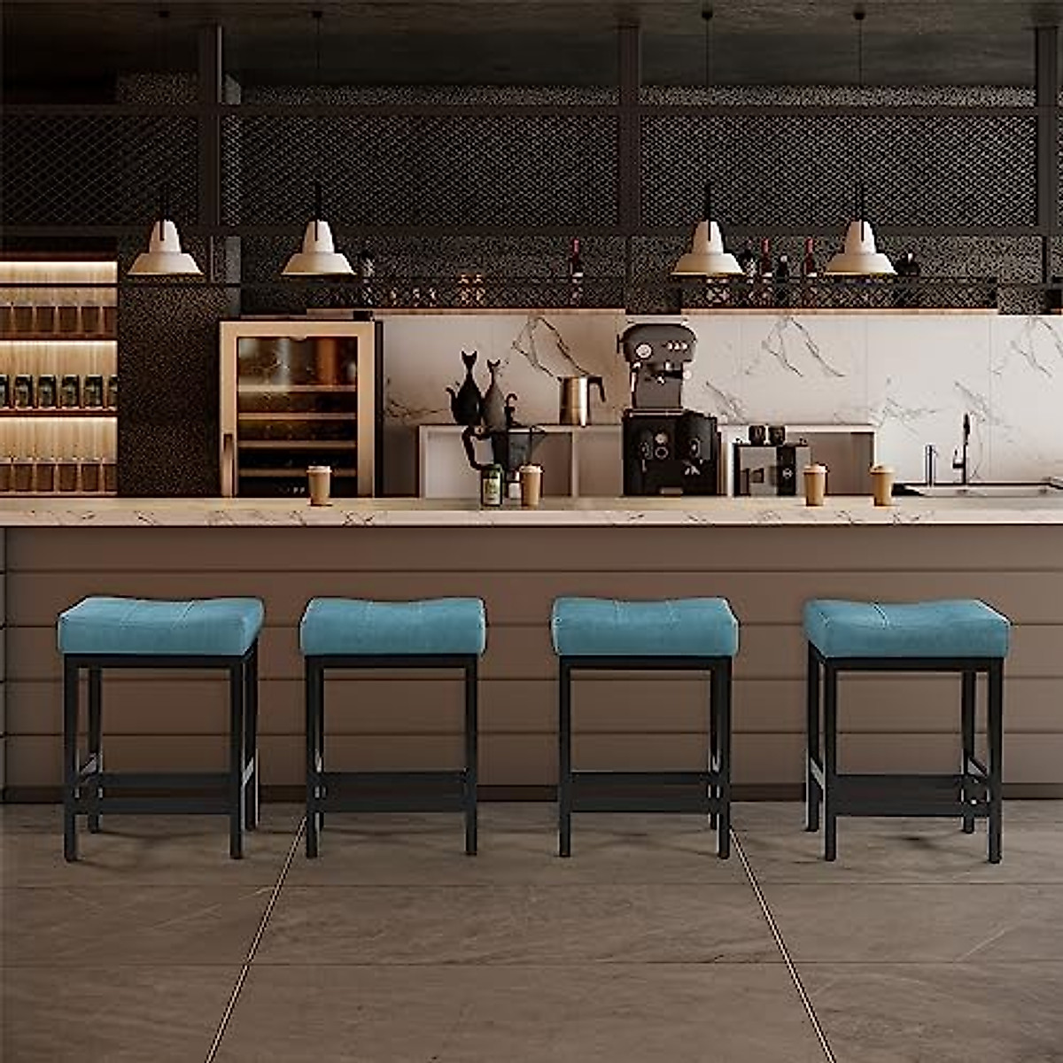 KATDANS Bar Stools Set of 2, 24" Counter Height Saddle Bar Stools, Upholstered PU Leather Bar Stools for Kitchen Island, Mid Century Modern Backless Barstools with Metal Base, KS861P-Teal, 2Pcs