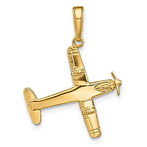 14K Gold Polished 3D Low-Wing Airplane Pendant Jewelry