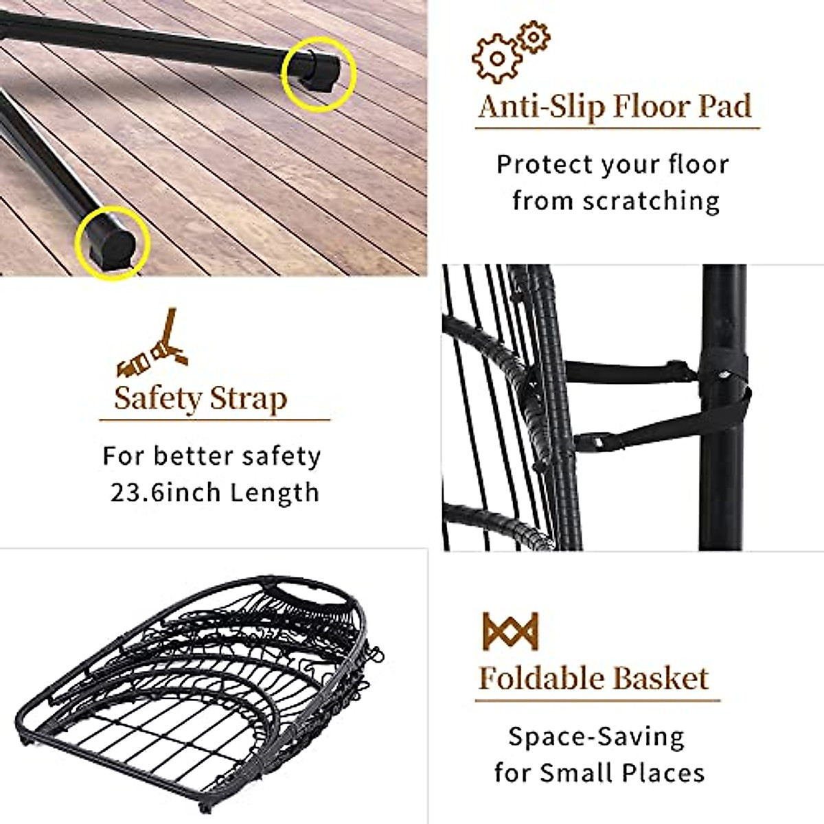 Patio Foldable Swing Chair with Cushion, PE Wicker Egg Hanging Chair w/Stand, Hammock Chair for Outdoor Balcony Indoor Bedroom (Black+Gray-2)