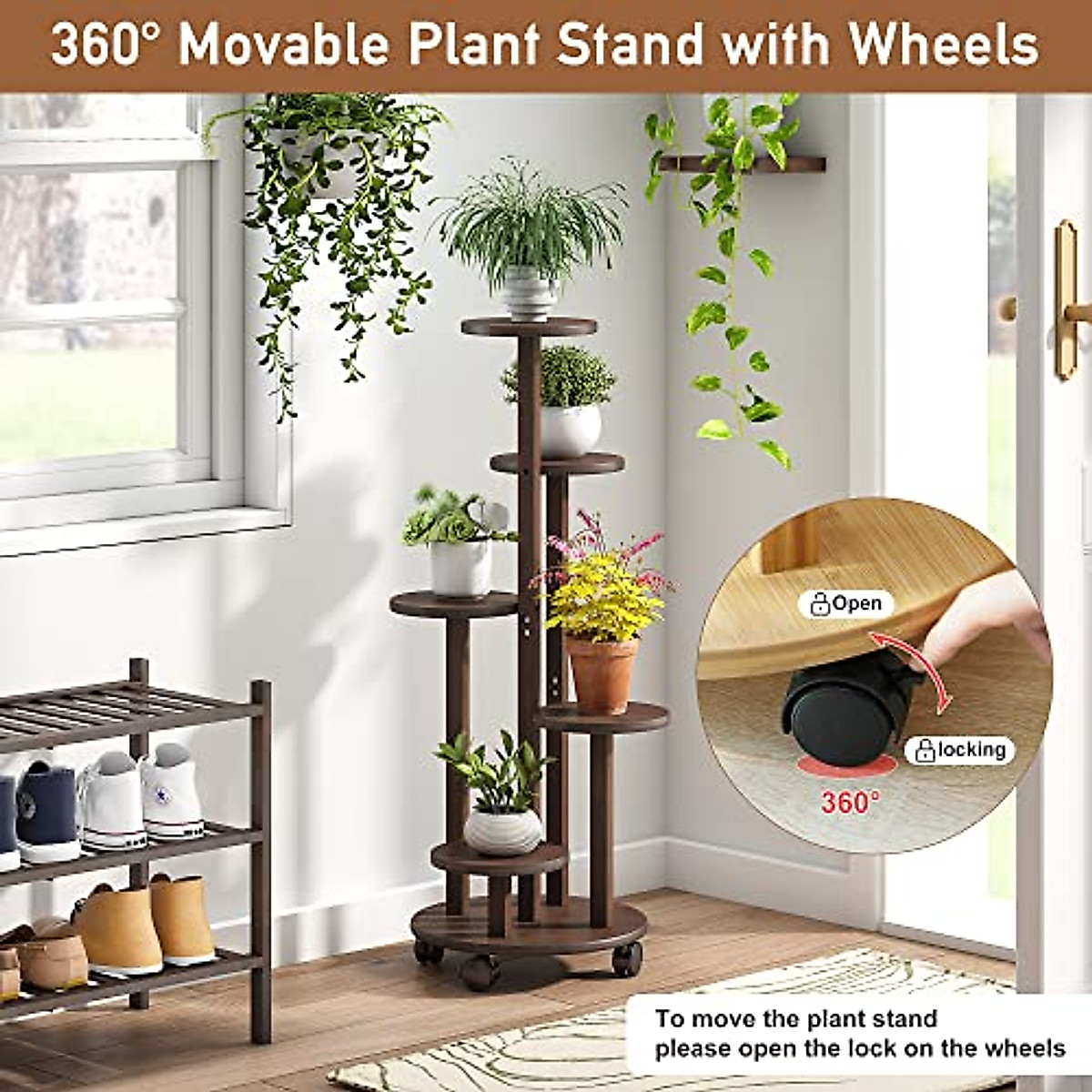 FILWH 5 Tier Plant Stand For Outdoor Indoor Tall Bamboo Movable Flower Stand With Wheels Plant Shelf Pot Holder Plants Corner Display Rack Multiple Planter For Living Room Balcony Garden Patio(Brown)
