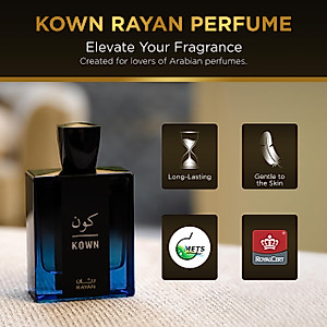 RAYAN Kown Modern Oud Perfume for Men - Long Lasting Arabian Eau De Parfum, 100mL (3.34 Fl oz), Contains Bergamot, Lavender, Cypress, Cardamom, Oud & Cedarwood, Ideal Gift for Him for Ramadan & Eid