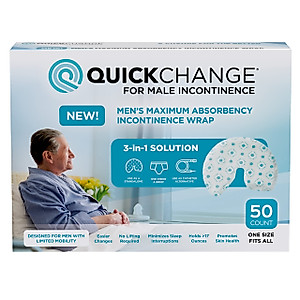 QuickChange Men's Incontinence Wrap, Maximum Absorbency Catheter Alternative for Males with Reduced Mobility | 17 Ounce Capacity, Adjustable Size, 50-Count
