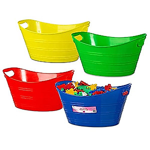 Zilpoo 4 Pack - Oval Storage Tub with Handles, Colorful Halloween Candy Bowl Holder, Classroom Organization Bins, Plastic Ice Bucket, Tubs, Baskets, 4.5L