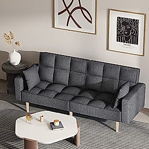 Senfot Sofa Couch, 78”W Sleeper Sofa Bed, Linen Futons with Upholstered Button Tufted Design, Convertible Futons with Thickened Wood Leg for Living Room, Bedroom and Office in Dark Grey