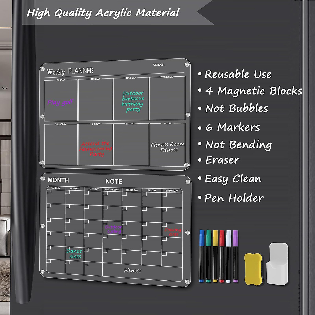 Acrylic Calendar for Fridge,16"×12" Acrylic Fridge Dry Erase Board, Clear Calendar for Fridge, Monthly Magnetic Calendars Board and Weekly Dry Erase Board, 6 Markers,1 Pen Holder and 1 Eraser (Clear)