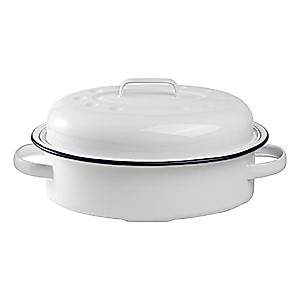 Webake Enameled Roasting Pan with Lid, Covered Roaster Pan Oval Pot Enamelware Cookware, 15.5 Inch, Vintage Farmhouse White