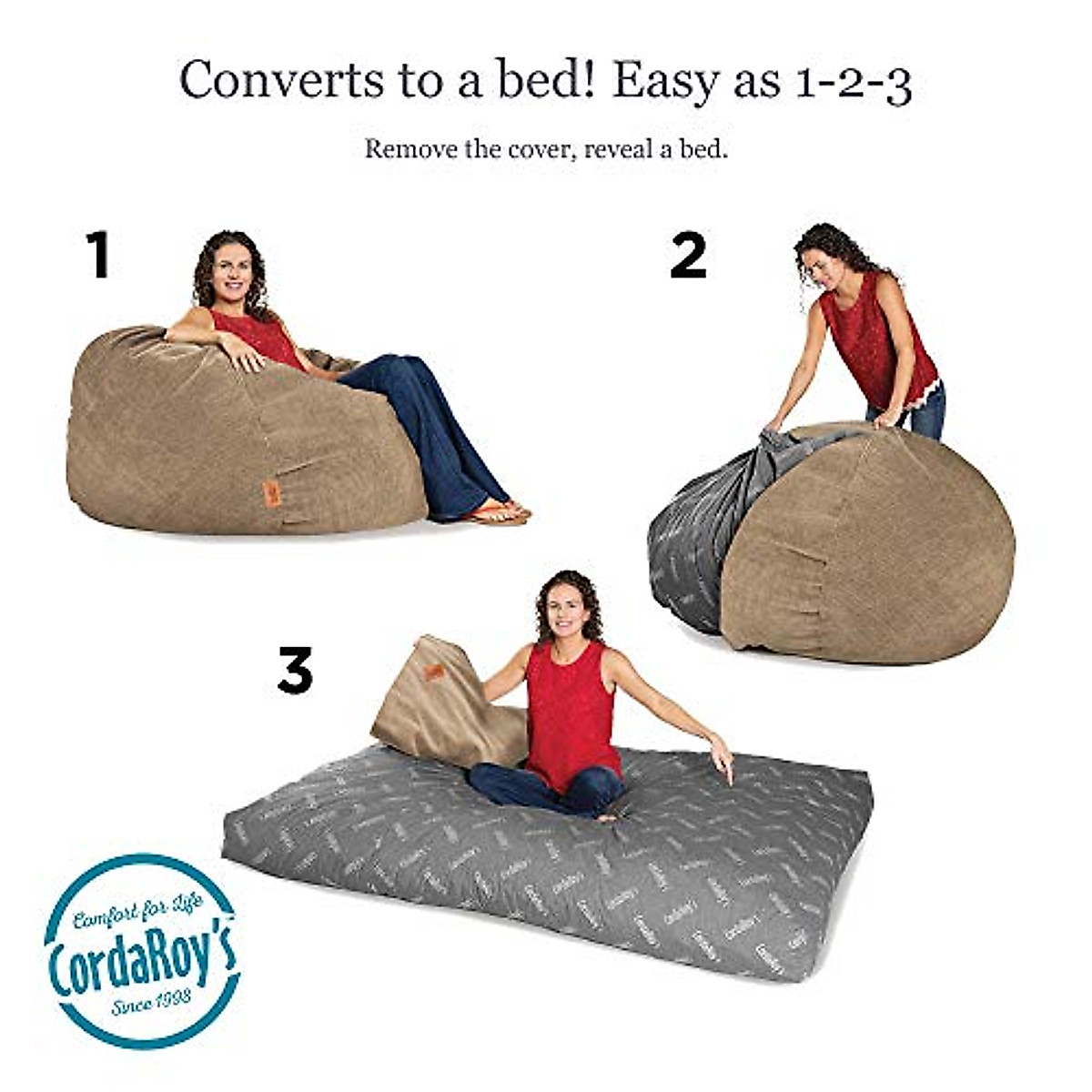 CordaRoy's Corduroy Bean Bag Chair, Convertible Chair Folds from Bean Bag to Bed, As Seen on Shark Tank, Khaki - Full Size