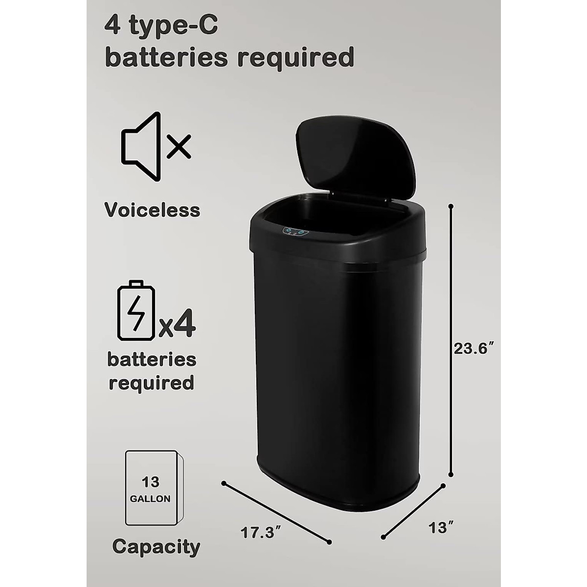 YIQIEDEY Automatic Trash Can Touchless Stainless Steel Trash Can 13 Gallons Large Size Mute Kitchen Trash Can with Odor Control System Suitable for Kitchen, Bathroom, Room, Office (Black)