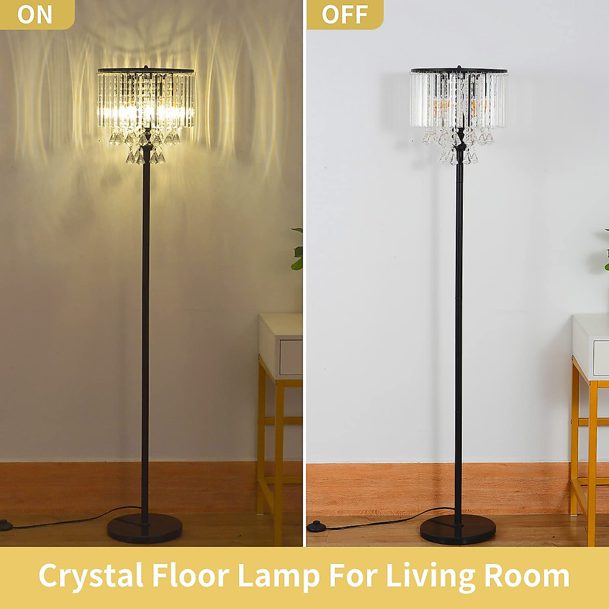 Beaysyty Floor Lamp - Modern Standing Lamp with Foot Pedal,Crystal Stand Up Lights for Living Room, Bedroom, Office, Contemporary LED Black Tall Pole Light Indoor - 3 Lights
