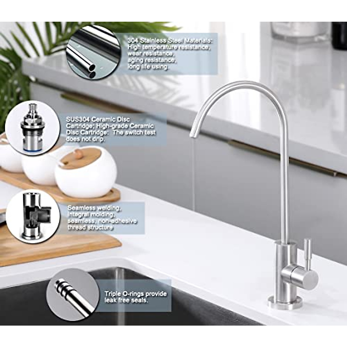 ESOW 100% Lead-Free Kitchen Water Filter Faucet, Fits Most Reverse Osmosis and Water Filtration System for Kitchen Bar Sink in Non-Air Gap, SUS304 Stainless Steel Brushed Nickel Finish