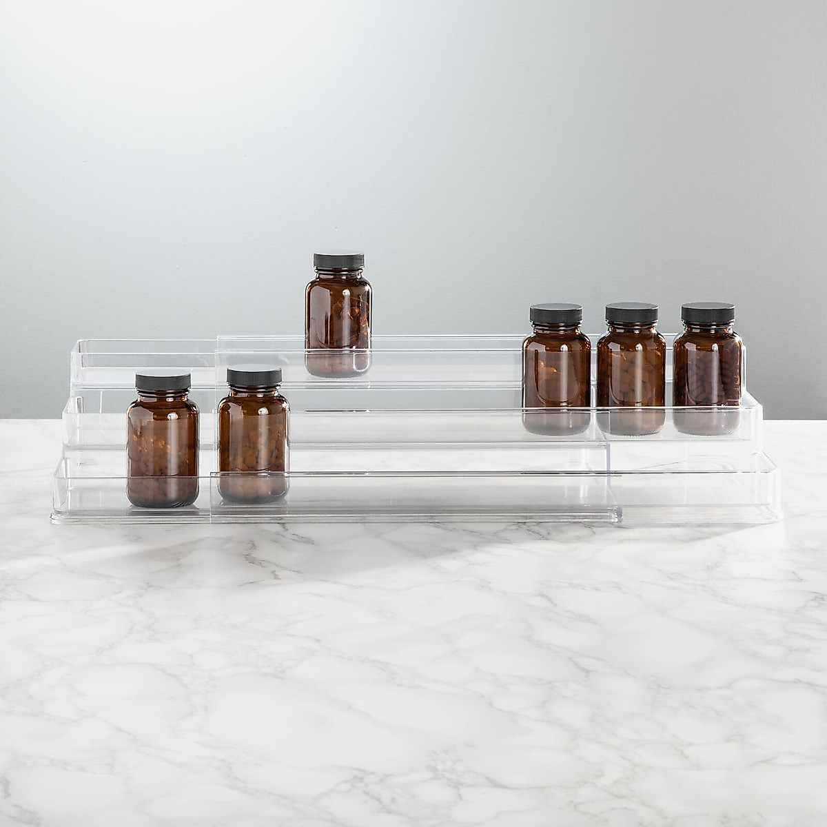 mDesign Large Adjustable, Expandable Plastic Vitamin Rack Storage Organizer Tray for Bathroom Vanity, Countertop, Cabinet - 3 Step Shelves - Holds Supplements, Medication - Clear