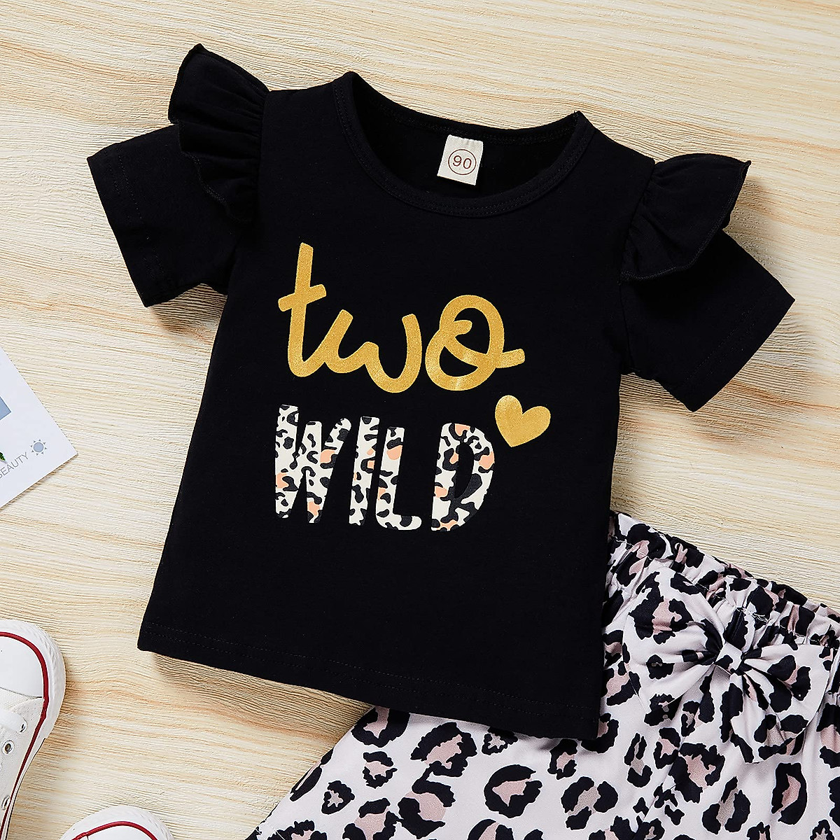 Viworld Baby Girl Two Birthday Outfits Ruffle Sleeve Wild Two Top + Leopard Shorts Set Cake Smash Summer Clothes（Leopard,2T