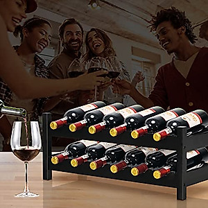 HAPPYGRILL Wine Rack, Free Standing 12 Bottles 2-Tier Wine Display Rack, Bamboo Wine Storage Rack Tabletop Wine Rack, Brown