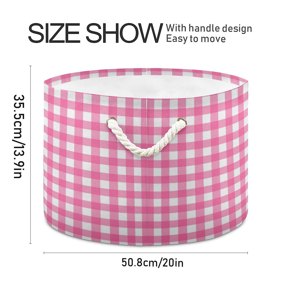 Gingham Hot Pink Plaid Storage Basket Round Collapsable Waterproof Decorative Baskets with Sturdy Handle Decoration for Toy Toy Cloth