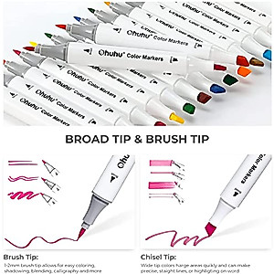 Ohuhu Markers Brush Chisel Tip: 60 Colors New Brush Double Tipped Water-Based Art Marker for Kids Adults Coloring Book Calligraphy Drawing Sketching Bullet Journal with 1 Colorless Blender and Case