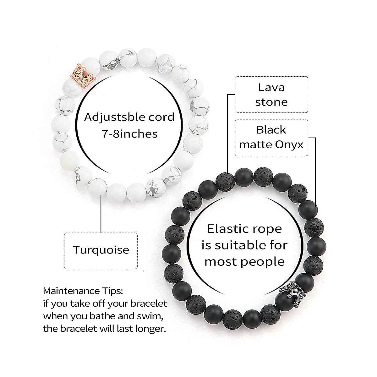 POSHFEEL 8mm Natural Stone CZ Micro Pave Crown King Queen Beads His and Hers Couple Bracelet, 7.5" (Black&White-2)