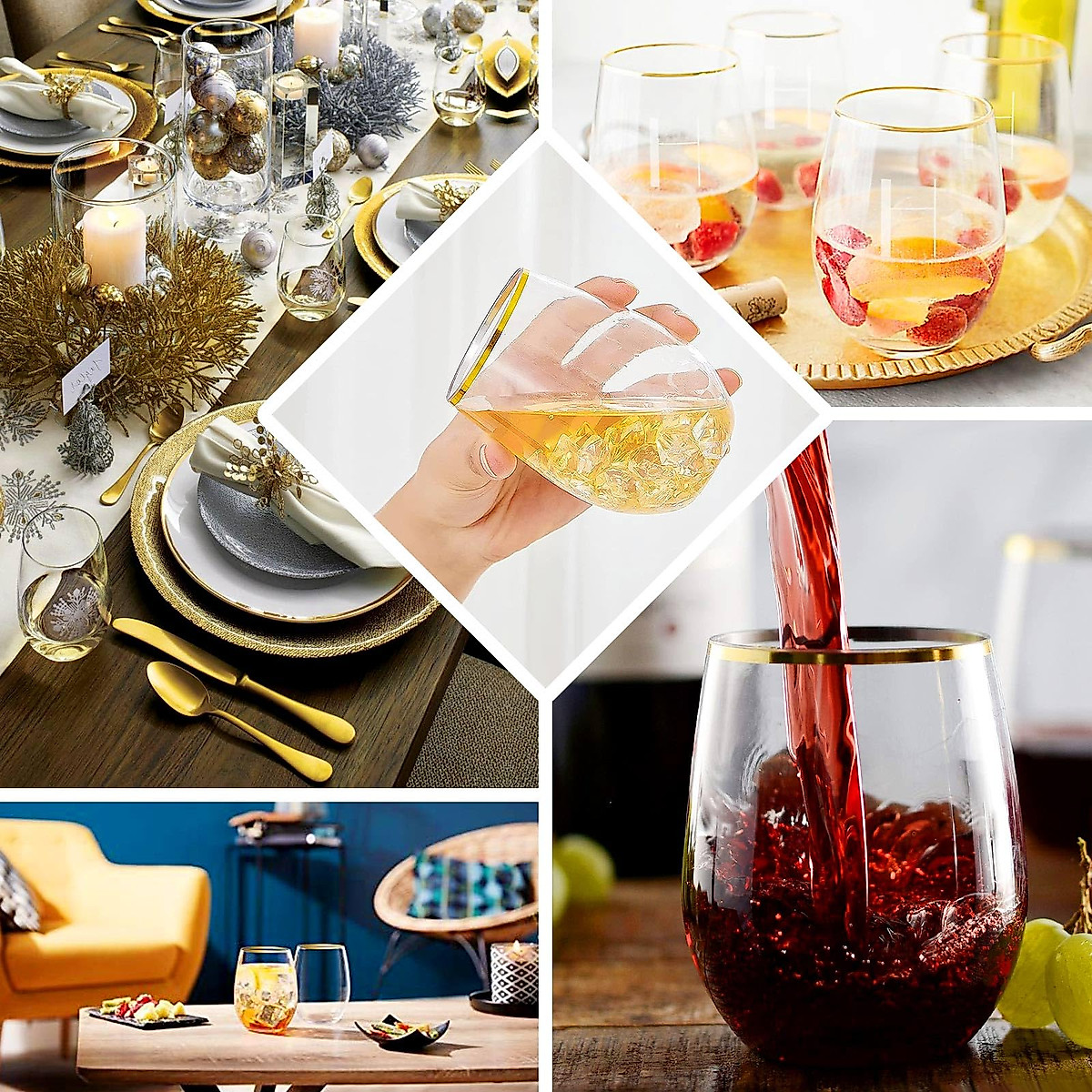 Efavormart 12 Pack - 14oz Clear Disposable Wine Glasses, Plastic Stemless Wine Tumbler with Gold Rim for Parties, Weddings, Picnics, Catered Events