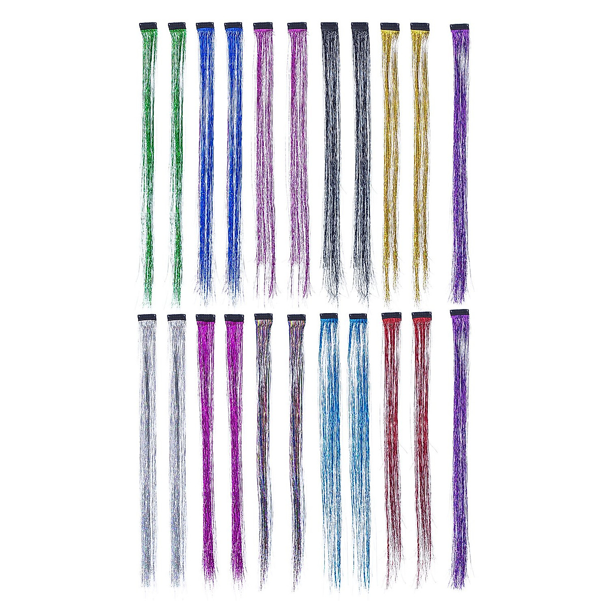 SWACC 22 Pcs Colored Party Highlights Clip on in Hair Extensions Multi-Colors Hair Streak Synthetic Hairpieces (11 Colors 22 Pcs in Set -Sparkling & Shiny Hair Tinsel Strands)