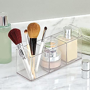 mDesign Plastic 3-Compartment Bathroom Organizer Storage Bin - Divided Makeup Caddy and Hair/Beauty Product Holder Tray - Perfect for Vanity, Counter, and Cabinet - Lumiere Collection, 2 Pack, Clear