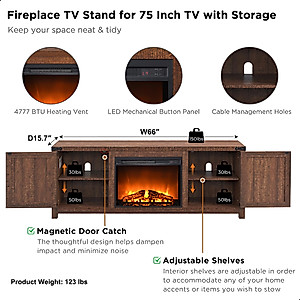 OKD Farmhouse Fireplace TV Stand for 70 75 Inch TV, Rustic Entertainment Center w/ 23" Electric Fireplace, Barn Door, Adjustable Shelves, Wood Media Console Cabinet for Living Room, Reclaimed Barnwood