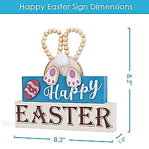 OYATON Easter Decorations for the Home - Rustic Spring Happy Easter Bunny Wood Sign Block with Egg and Wooden Beads Decor for Table, Mantle, Tiered Tray - Indoor Mini Easter Decor