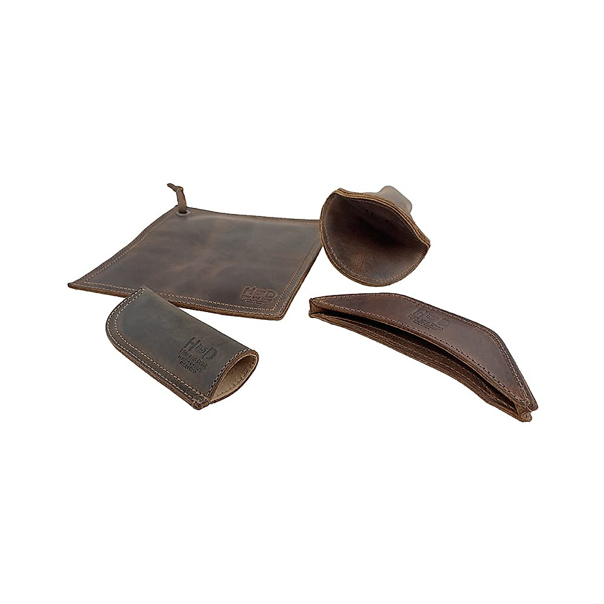 Hide & Drink, Set of 4 Hot Handle Holders, Panhandle, Side Kick, Grip Mitt & Square Pot Holder for Cast Iron Skillets & Pans, Full Grain Leather, Handmade, Bourbon Brown