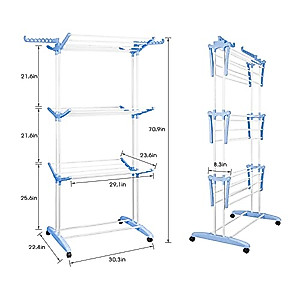 RYGOAL Clothes Drying Rack, Large 3-Tier Folding Drying Rack Clothing, Movable Laundry Drying Rack with 24 Drying Poles, 14 Hanging Holes & 4 Wheels, Multifunctional Drying Rack Indoor Outdoor