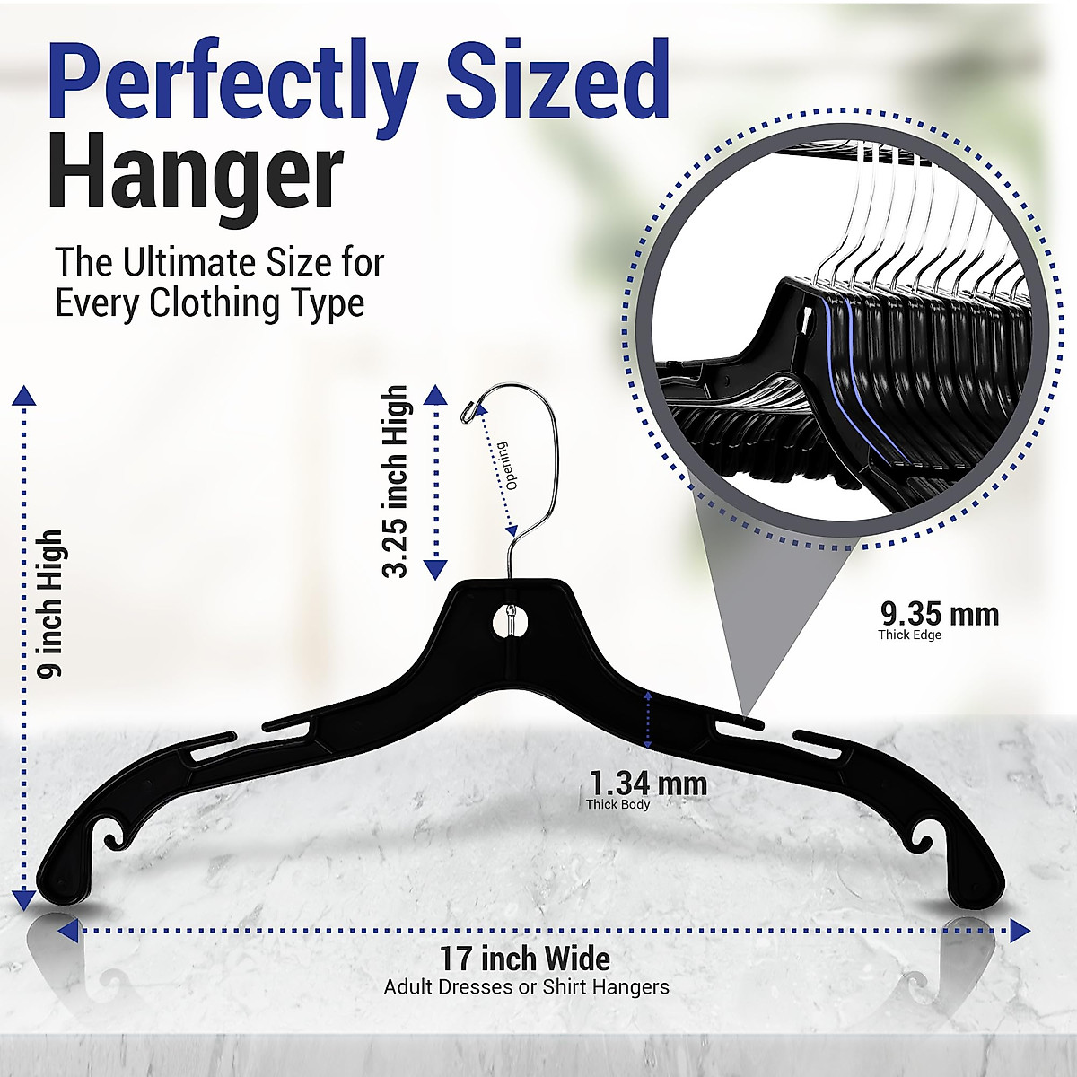 Victory Display Heavy Duty Hangers for Clothes (25-Pack), Black Hangers, 17in Wide Black Plastic Hangers, Coat Hanger with Swivel Hook & Notched Shoulders, Clothing Hangers, Heavy Duty Clothes Hangers