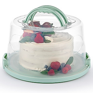 MosJos Round Cake Carrier, BPA-Free Plastic Cake Keeper with Lid, Fits 10” Cakes, Two Secure Side Closures, Dishwasher Safe Cake Transport Container