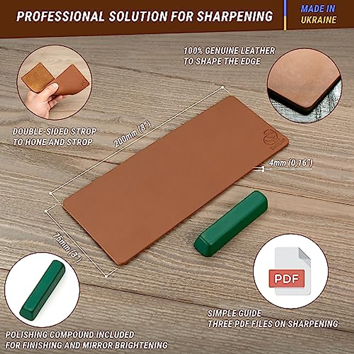BeaverCraft Stropping Leather Strop Kit for Sharpening Knife Strop LS2P1 - Leather Honing Strop 3 x 8 IN - Knives Sharpening with Stropping Set Polishing Compound - Double Sided