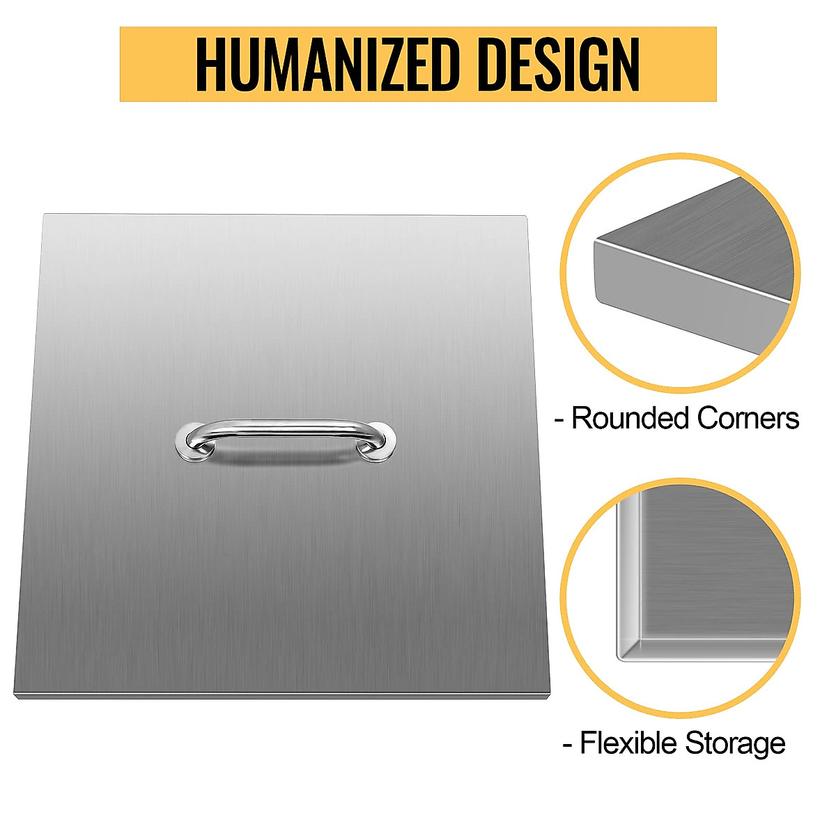 KODOM Fire Pit Burner Pan Cover 27 x 27 Inch, 430 Stainless Steel Fire Pit Cover, 1.5mm Thick Square Fire Pit Lid Fits Drop-in Fire Pit Pan