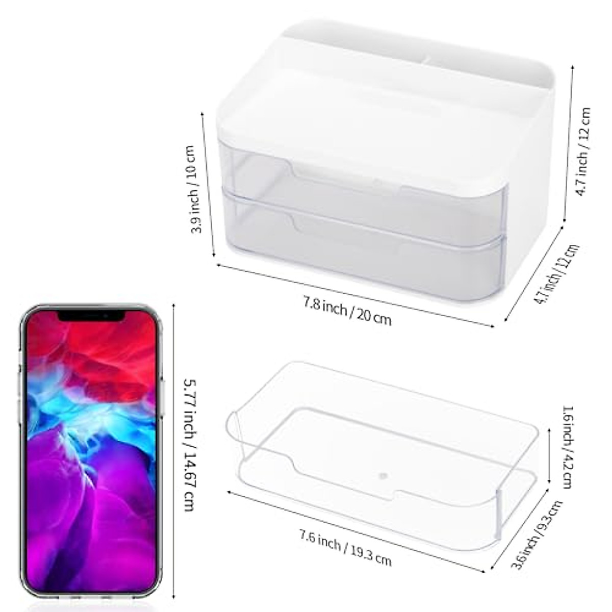 LETURE Desk Organizer with 2 Drawer, Plastic Desktop Storage Organizer Pencil Card Holder Box Container for Desk, Office School Home Supplies, Vanity Table (White)