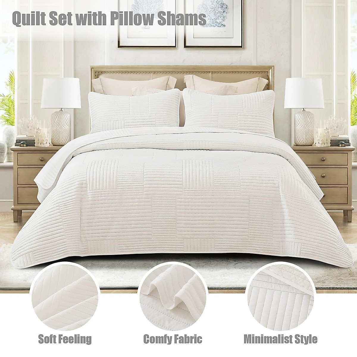 Whale Flotilla Ultra Soft Queen Quilt Bedding Set, Lightweight Microfiber White Quilts Bedspreads Full Size, 3 Piece Ultrasonic Geometric Coverlet Bed Cover for All Seasons