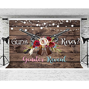 Lofaris Guns or Roses Gender Reveal Backdrop Rustic Wooden Photography Background Shining Lights He or She Boy or Girl Baby Shower Party Newborn Banner Decorations Supplies Photo Booth Props 10x7ft