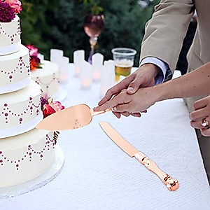 Homi styles Wedding Cake Knife and Server Set | Rose Gold Color Premium 420 Stainless Steel Gold Plated Blades | Cake Cutting Set for Wedding Cake, Birthdays, Anniversaries, Parties