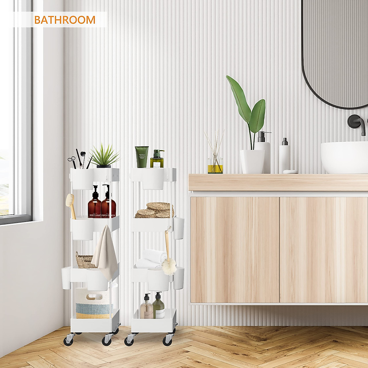 CAXXA 4-Tier Rolling Storage Organizer with 4 Small Baskets - Mobile Utility Cart with Caster Wheels, White