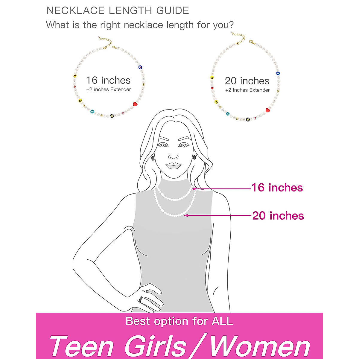 MIDDLUX Pearl Necklace, Unisex, Y2k Jewelry, Beaded Necklace, Smiley Face Necklace, Stainless Steel, 20" + 2" Extender