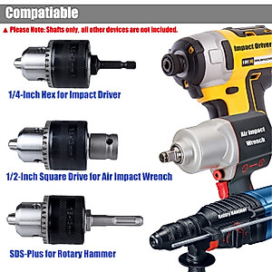 Yakamoz 3Pcs 1/2-20 UNF Mount Thread Drill Chuck Shank Adapter Set, SDS-Plus Shank for Rotary Hammer Drill | 1/4" Hex Shank for Impact Driver | 1/2" Drive Female Adapter for Air Impact Wrench