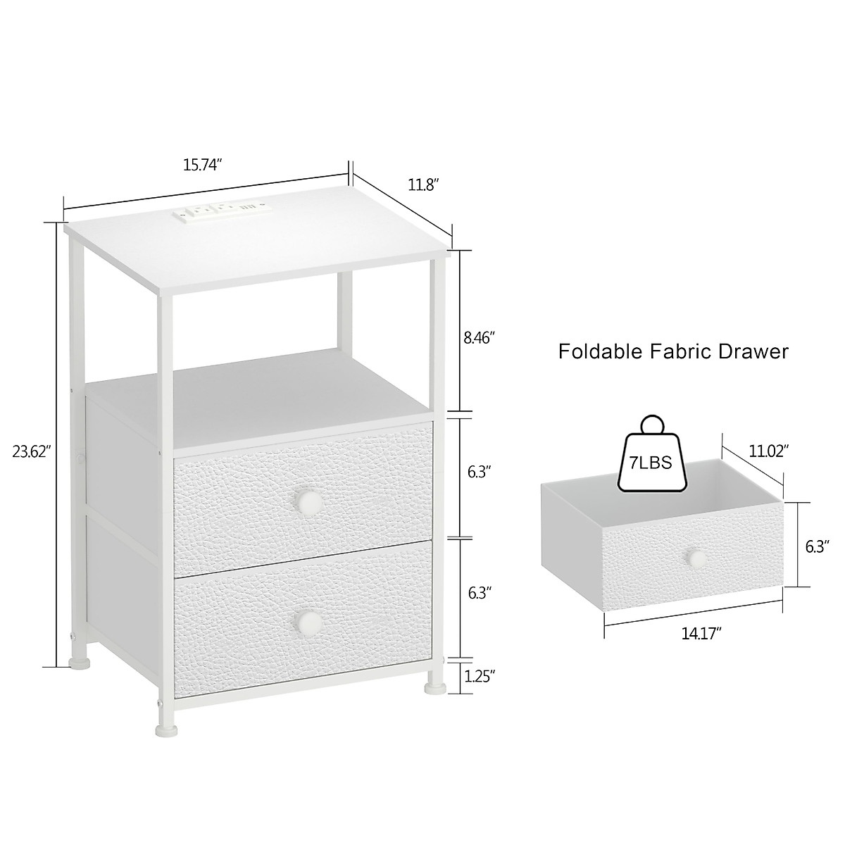 Tohomeor Sofa End Tables with Charging Station LED Light Nightstand Bedroom Bed Side Dresser with Fabric Drawers Open Storage Shelf Living Room with USB Ports and Outlet (White, 1 Pack)