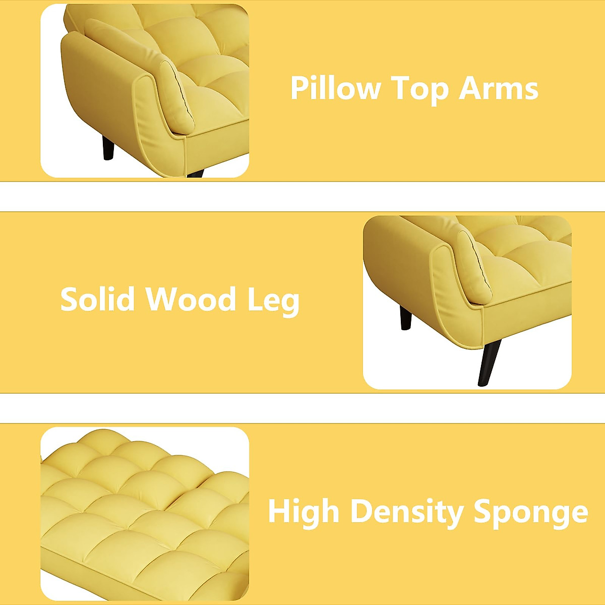 Majnesvon Velvet Futon Sofa Couch Bed with 2 Pillows, Convertible Folding Futon Couch with Adjustable Backrest, Love Seat Sleeper Sofa Bed for Small Spaces, Living Room, Office, Apartment (Yellow)