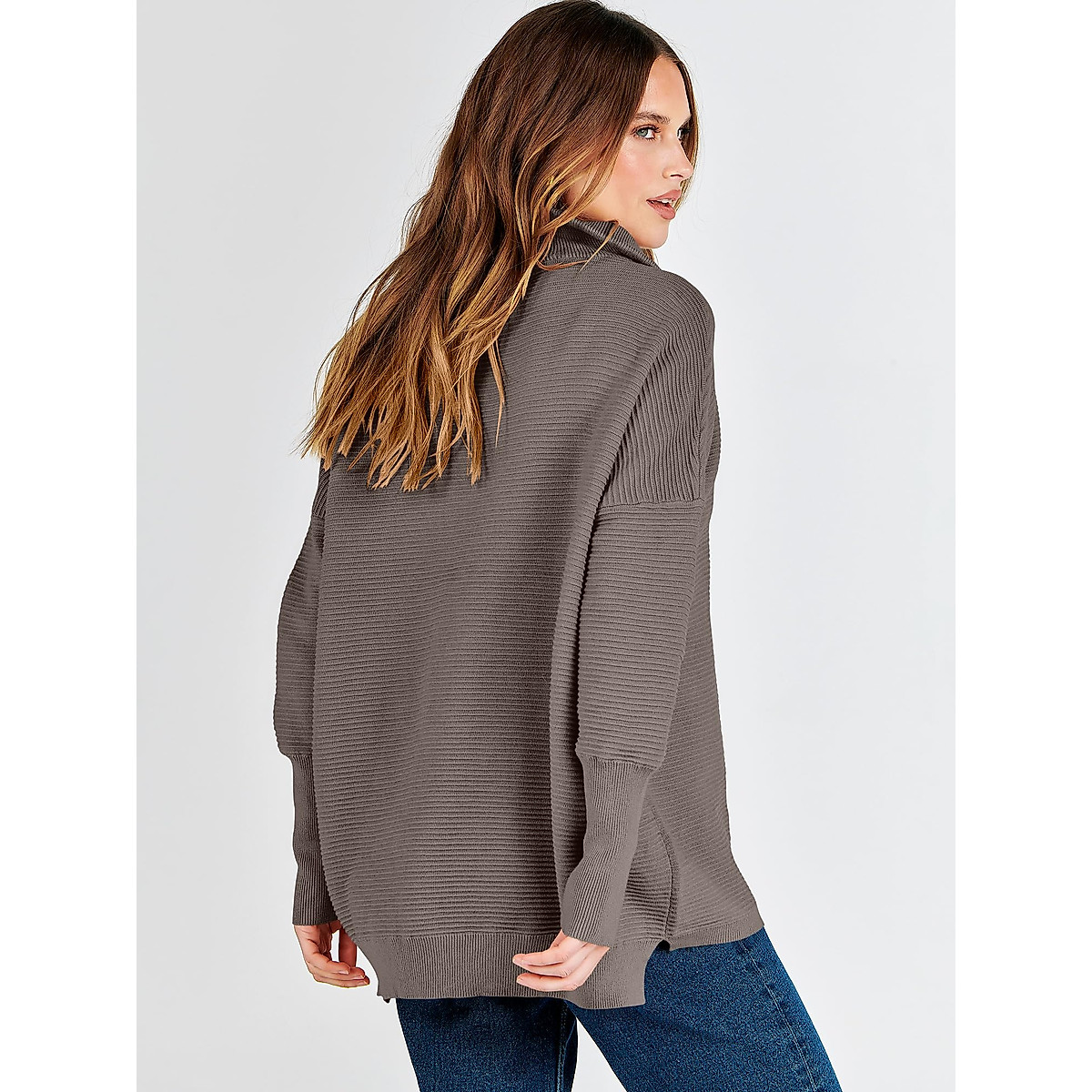 ANRABESS Women Quarter Zip Oversized Casual Loose Rib Knit Cozy Pullover Sweaters Top 2025 Fall Fashion Outfits Clothes Gray Coffee Medium