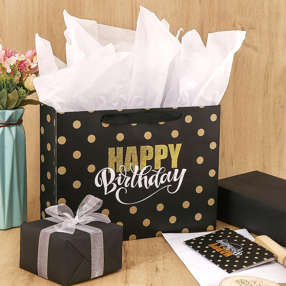 CAMKUZON Black Birthday Gift Bag with Card and Tissue Paper - Gold Foil Happy Birthday & Polka Dot Design - Large Gift Bags for Birthday Party, 13" X 10" X 5"