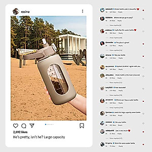 kytffu 64oz Glass Water Bottles with Straw, Half Gallon Motivational Glass Bottle with Silicone Sleeve and Time Marker, 2L Leakproof Large Glass Water Jug for Gym Home Office,Amber