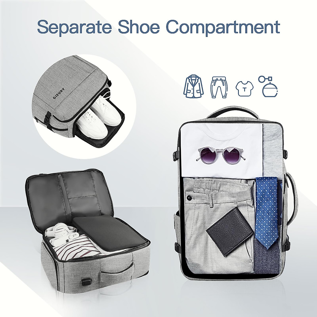 Gieury Carry On Backpack, Extra Large 40-50L Travel Backpack Men & Women, Expandable Backpack Airplanes, 17 Inch Laptop Backpack, Luggage Backpack 40L Daypack Lightweight Business Weekender Bag, Grey